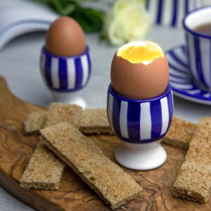 Handmade Set of 2 Dark Navy Blue Stripe Ceramic Hard, Soft Boiled Egg Cup Set, Pottery Egg Holders, Housewarming Gift by City to Cottage®