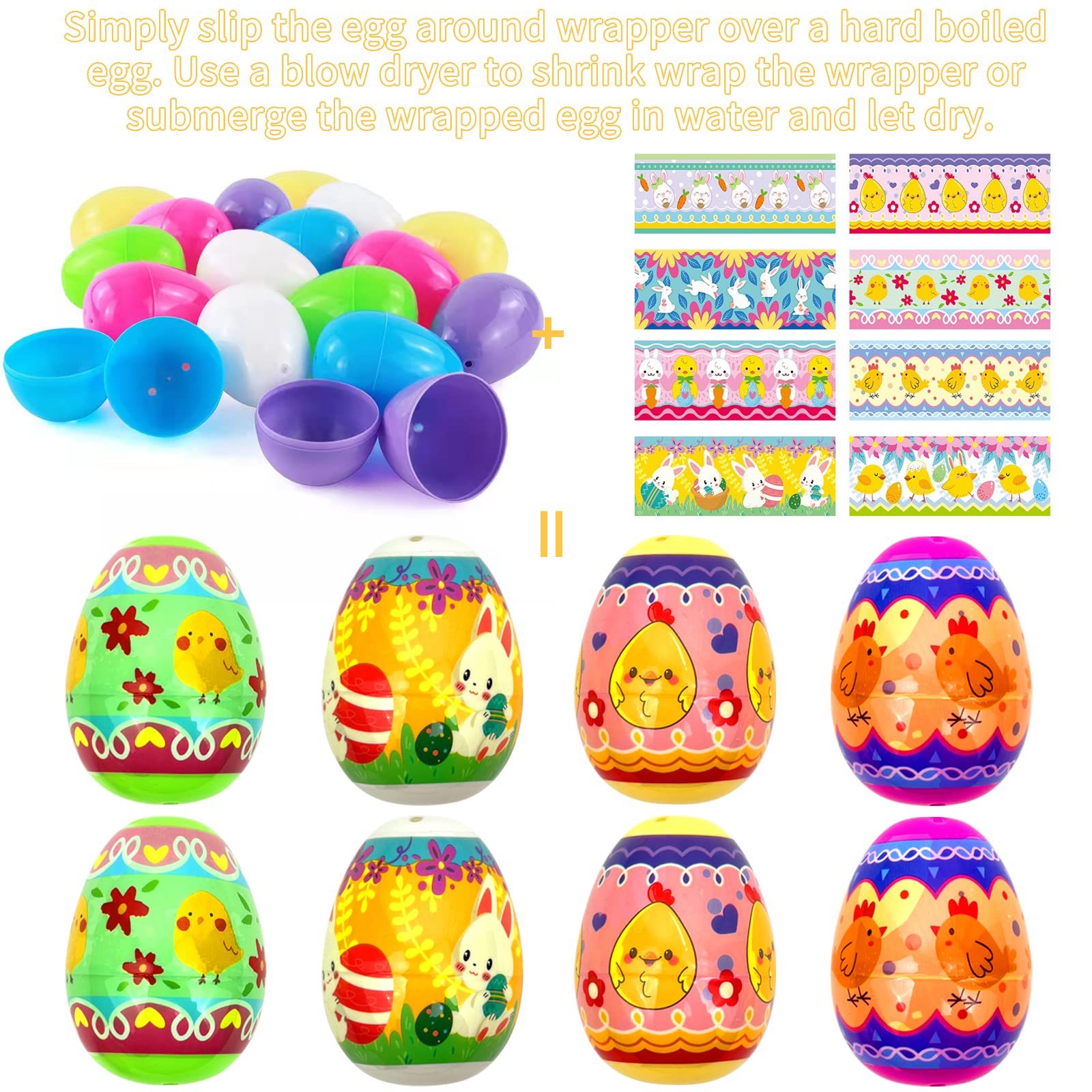 12 Pack Easter Eggs Bulk Wrapper Luminous Eggs Film Shrink Wraps for 2.4in Easter Eggs Chicken Bunny Egg Sleeves Decorations, New Cute Easter Egg Arounds