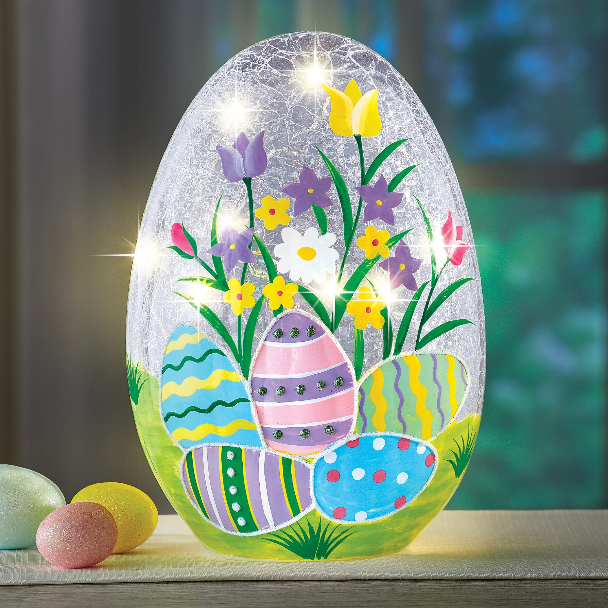 Collections Etc Lighted Crackled Glass Easter Egg Table Decoration