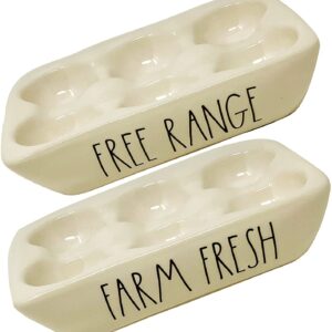 Rae Dunn by Magenta Ceramic 2-pc. Egg Holder | Inscribed: FREE RANGE and FARM FRESH