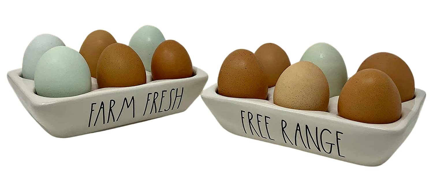 Rae Dunn by Magenta Ceramic 2-pc. Egg Holder | Inscribed: FREE RANGE and FARM FRESH