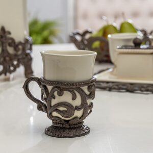 GG Collection Acanthus Leaf Cream Ceramic Cups with Brown Metal Base and Handle (Set of 4)