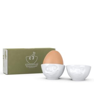 FIFTYEIGHT PRODUCTS TASSEN Porcelain Egg Cup Set No. 3, Happy & Hmpff Face Edition, White (Set of Two Egg Cups)