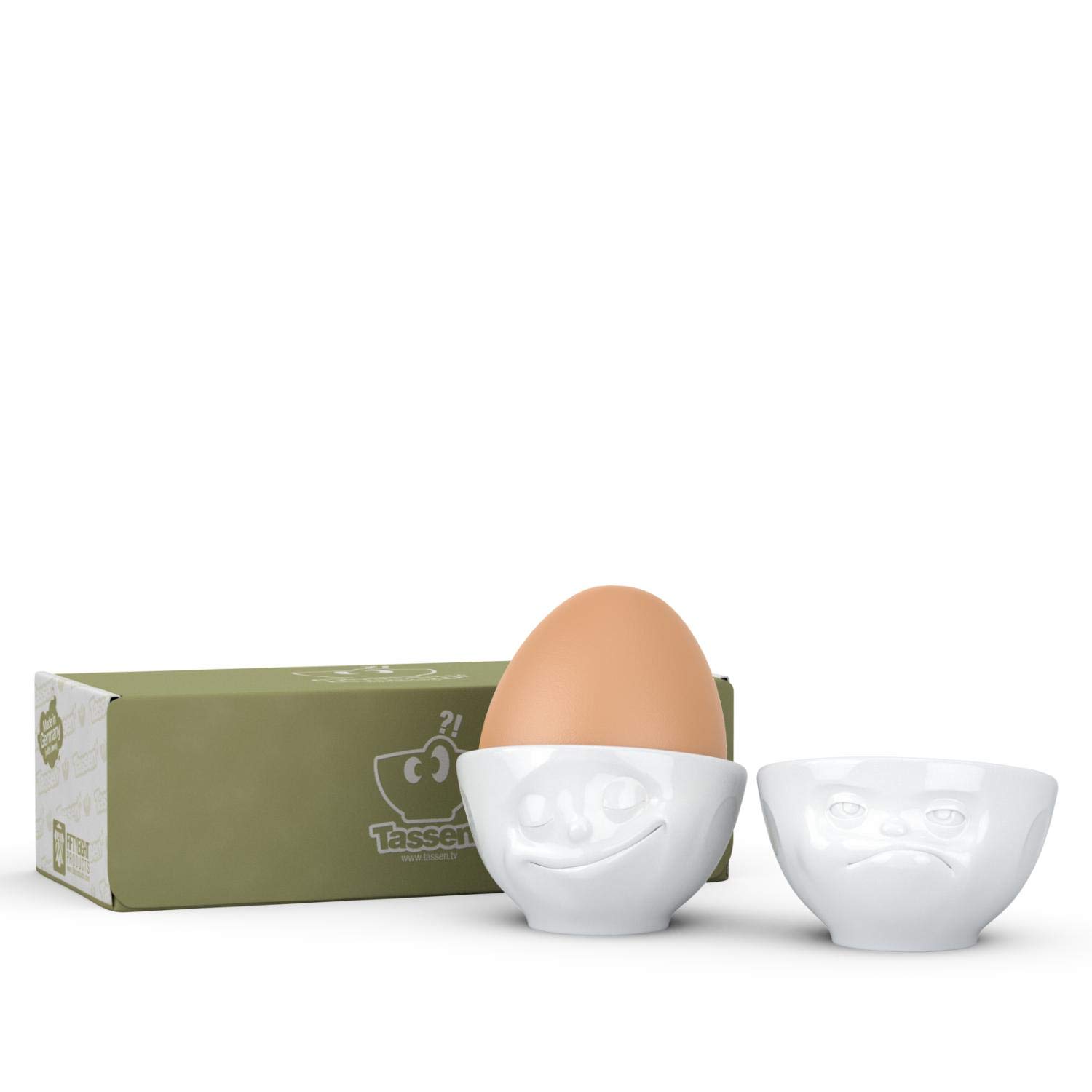 FIFTYEIGHT PRODUCTS TASSEN Porcelain Egg Cup Set No. 3, Happy & Hmpff Face Edition, White (Set of Two Egg Cups)