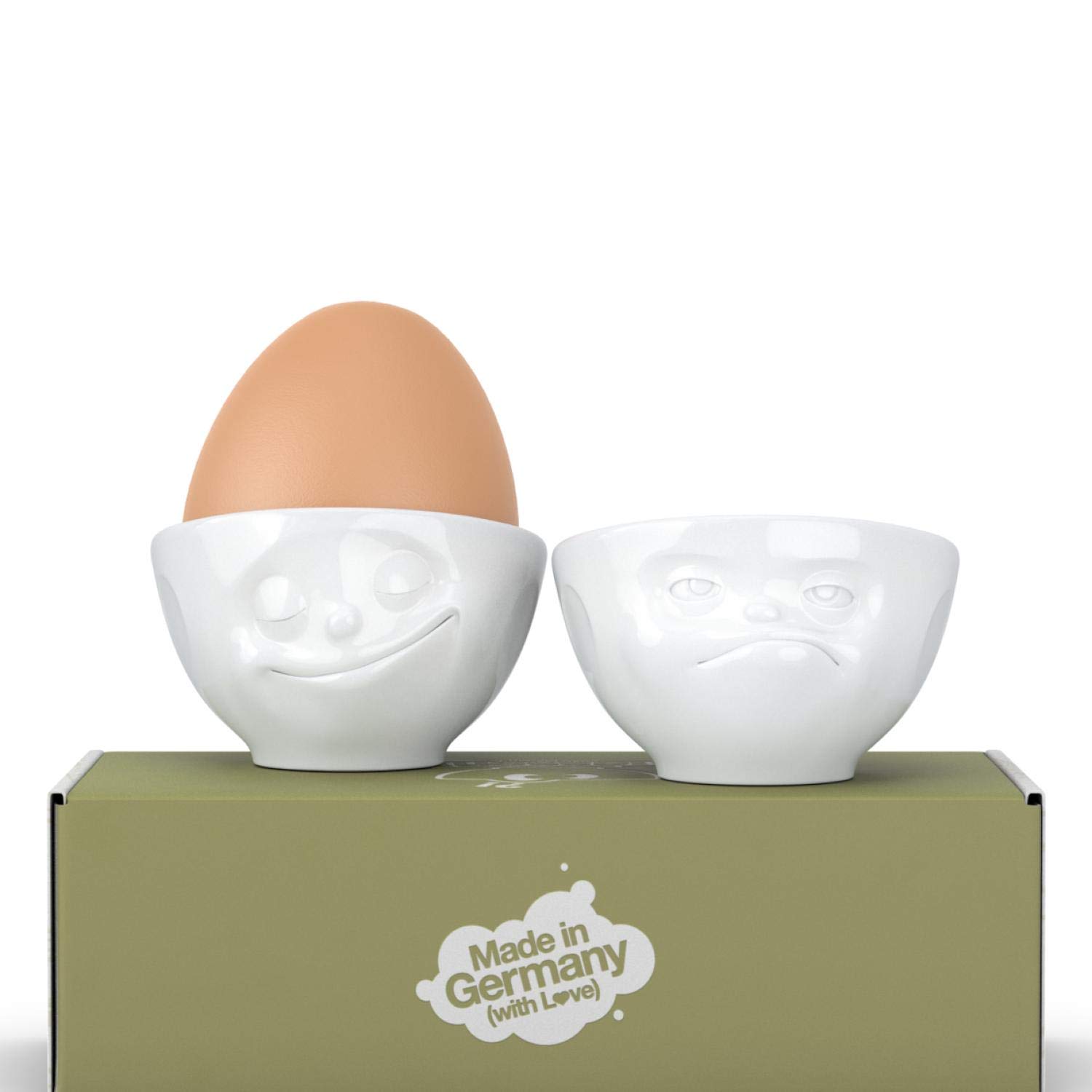 FIFTYEIGHT PRODUCTS TASSEN Porcelain Egg Cup Set No. 3, Happy & Hmpff Face Edition, White (Set of Two Egg Cups)