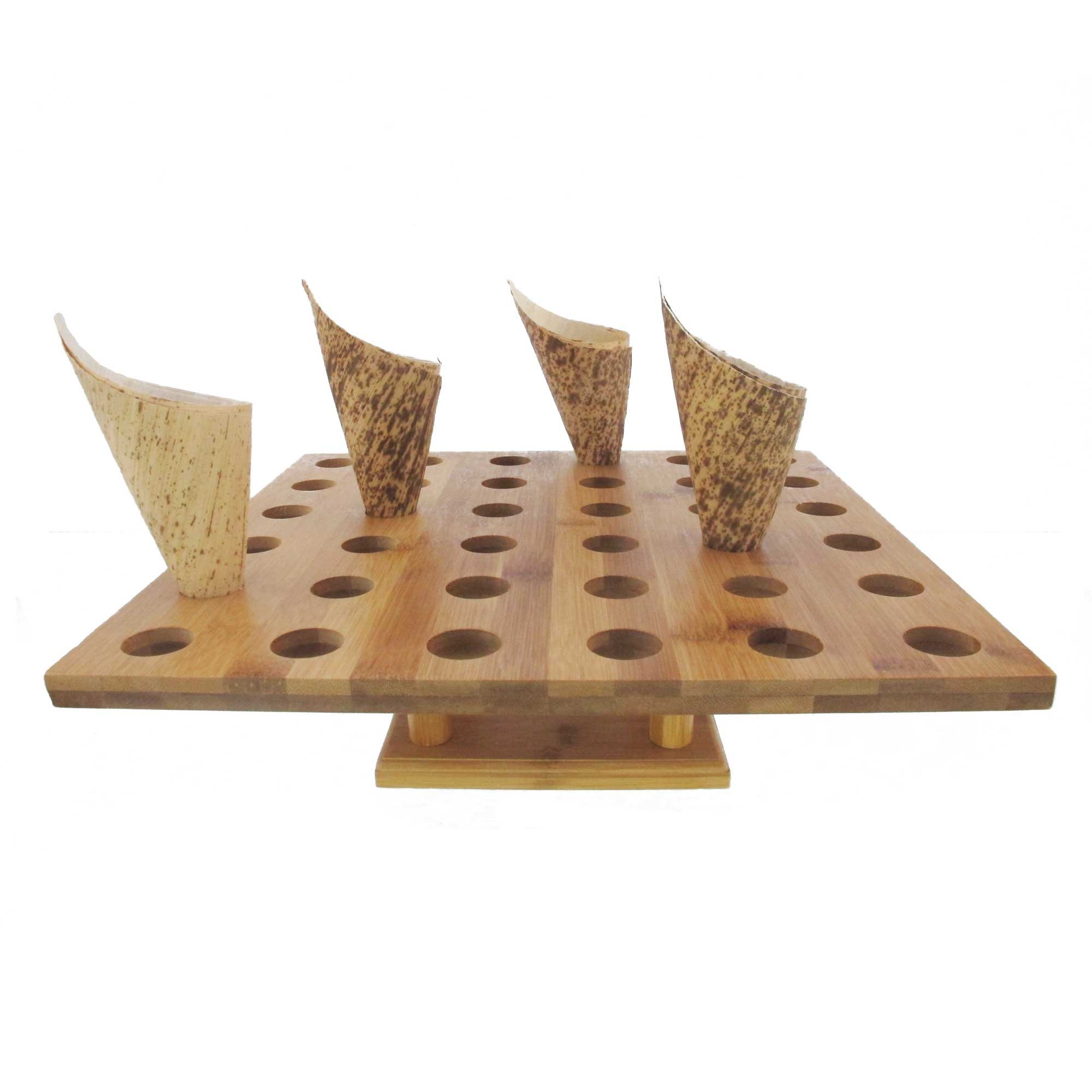 BambooMN 13" x 13" Natural Bamboo Square Food Cone Display Tamaki Stand for Restaurants, Catered Events, Party or Buffets, Holds up to 36 Cones - 10 Pieces