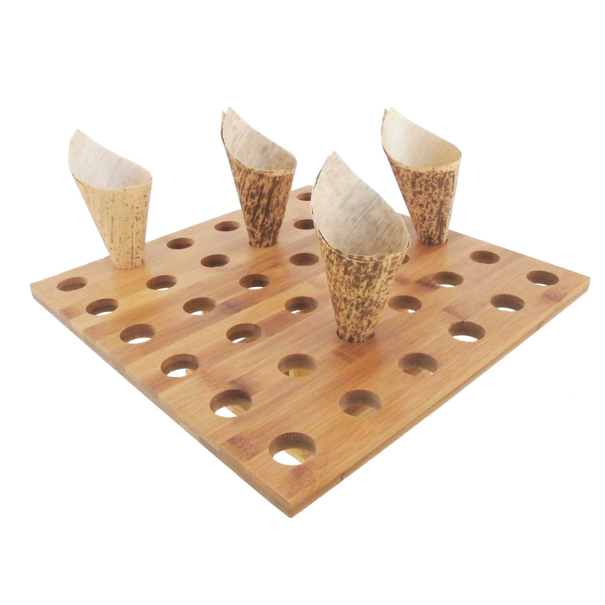 BambooMN 13" x 13" Natural Bamboo Square Food Cone Display Tamaki Stand for Restaurants, Catered Events, Party or Buffets, Holds up to 36 Cones - 10 Pieces