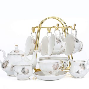 CHENP.HMC Tea Sets 22-Piece Porcelain Ceramic Coffee Tea Gift Mother's Day Sets Teapot and Cup Set Cups Saucer Service for 6 Teapot Sugar Bowl Creamer Pitcher and Ceramic Coffee Tea Gift Sets