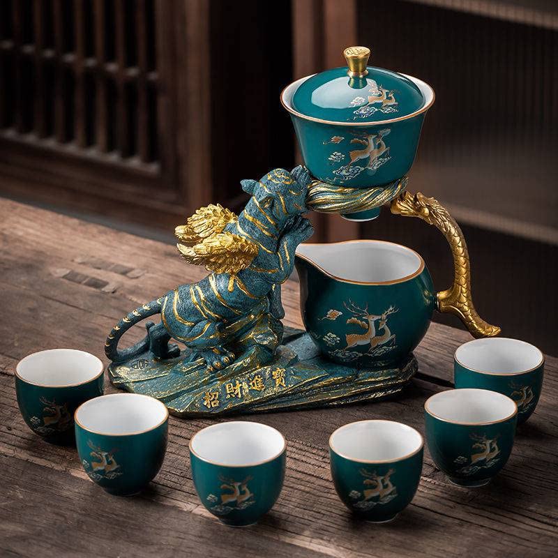 RORA Lazy Kungfu Ceramic Tea Set Semi Automatic Drip Rotating with Infuser Ceramic Teapot Set (Tiger Tea Set+6 cups)