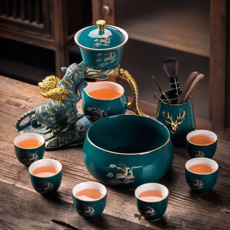 RORA Lazy Kungfu Ceramic Tea Set Semi Automatic Drip Rotating with Infuser Ceramic Teapot Set (Tiger Tea Set+6 cups)