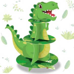 censen 3 tier dinosaur cupcake stand party decorations dinosaur theme cupcake holder decorations dinosaur dessert tower for kids dinosaur jungle theme party birthday supplies (lovely)