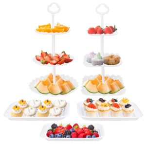 feoowv 2pcs 3 tier round &3pcs rectangle serving trays, plastic party cake stand and cupcake holder fruits dessert display plate table decoration for wedding birthday party celebration(set of 5pcs)