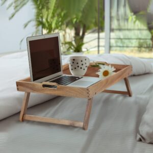 JRENINET Extra Large Acacia Wood Folding Bed Table Tray for Eating, Breakfast in Bed, Laptop Desk, and Snack Serving – Perfect for Sofa and Bed Use