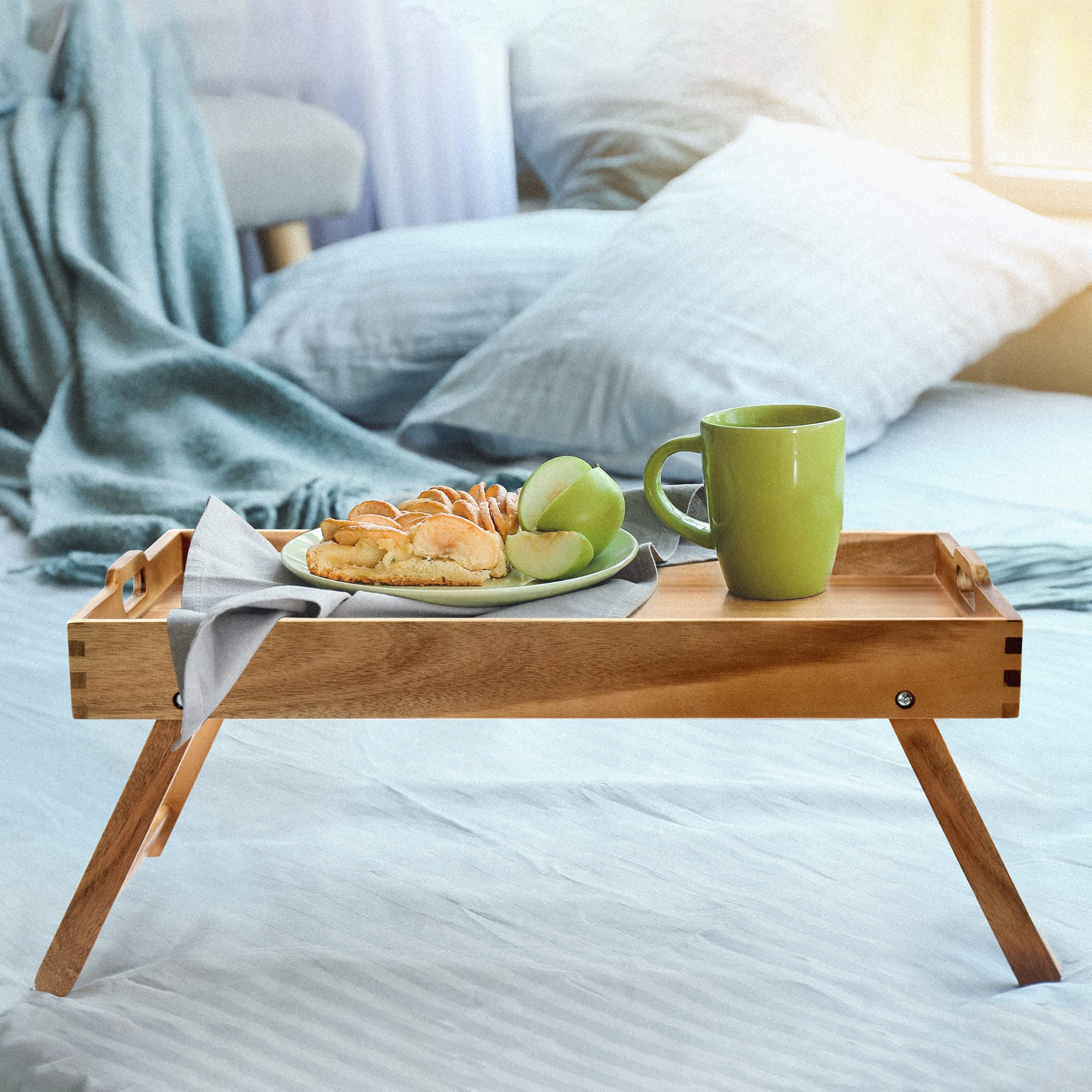 JRENINET Extra Large Acacia Wood Folding Bed Table Tray for Eating, Breakfast in Bed, Laptop Desk, and Snack Serving – Perfect for Sofa and Bed Use