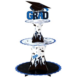 graduation cupcake holder decoration 3 tier congrats grad party cupcake stand tower cardboard graduation theme dessert stand for graduation party supplies favors (blue and black)