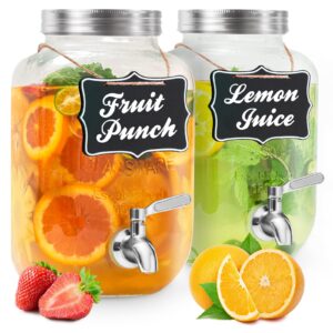 wanik 1 gallon glass drink dispensers for parties - set of 2 glass jar beverage dispenser with leak-free spigot, water dispenser countertop for weddings, sun tea jar, punch, lemonade & juice dispenser