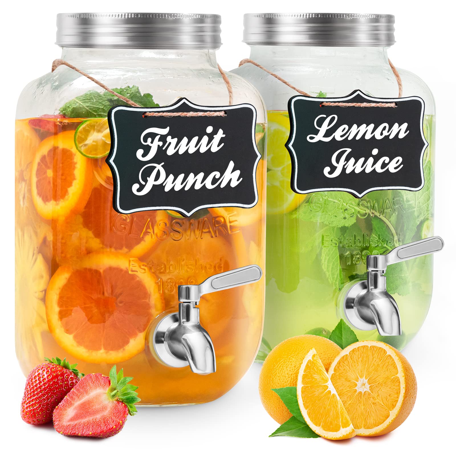 Wanik 1 Gallon Glass Drink Dispensers for Parties - Set of 2 Glass Jar Beverage Dispenser With Leak-Free Spigot, Water Dispenser Countertop for Weddings, Sun Tea Jar, Punch, Lemonade & Juice Dispenser