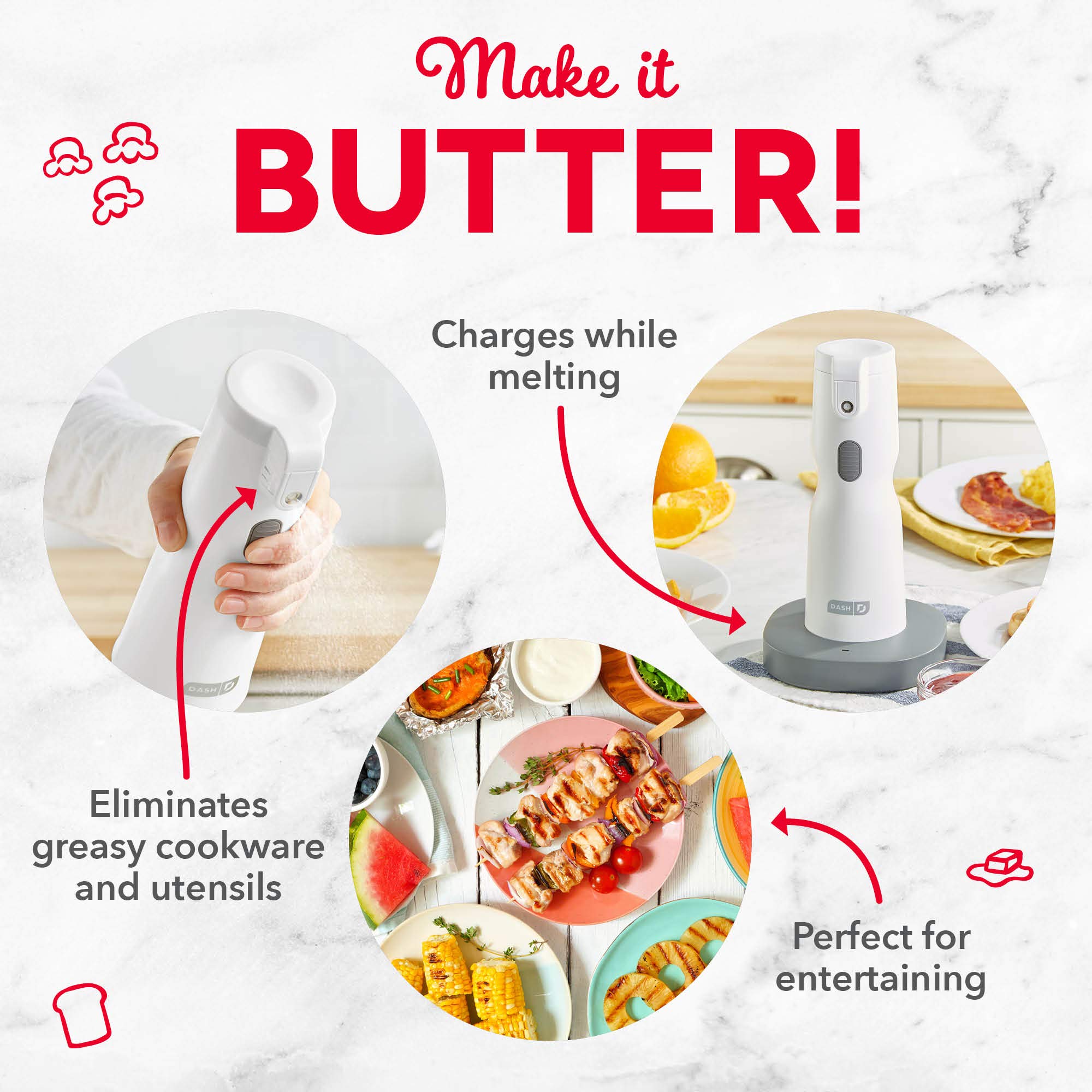 Dash Electric Butter Sprayer, Cordless Butter Sprayer for Popcorn, Toast, Entrees and More - White