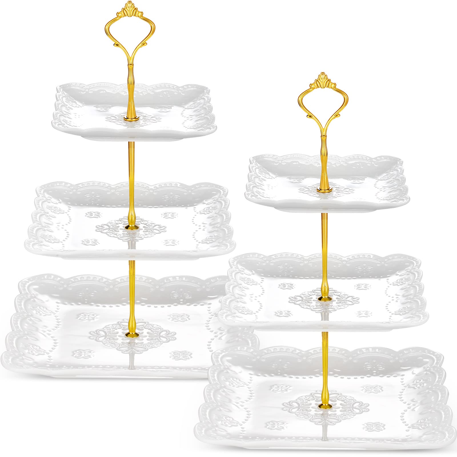 2 Pcs 3 Tier Porcelain Cupcake Stand, White Ceramic Tiered Stand, Afternoon Tea Stand, Pastry Serving Stand Elegant Dessert Cookie Stands for Wedding, Birthday, Tea Party (Lace Square Shape)