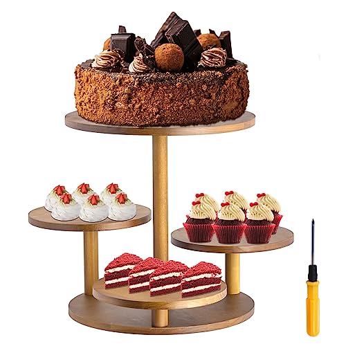 UJoyant 4 Tier Round Cupcake Stand for Dessert Table with Screwdriver, Solid Wood Cake Stand for 50 Cupcakes, Stable and Reusable Cake Stand for Birthday Luau Graduation Wedding Party