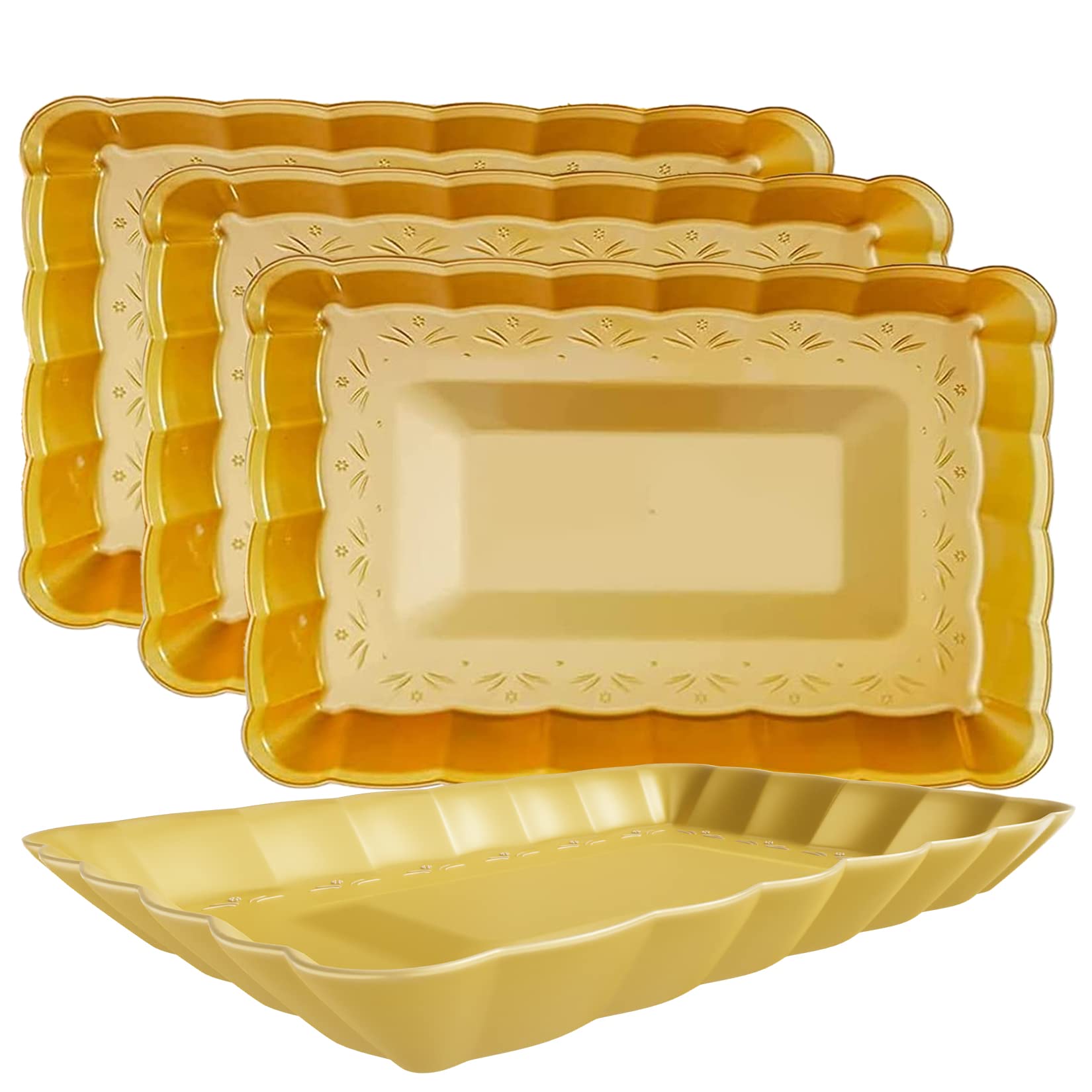 Yumchikel Hard Plastic Serving Tray Set, Gold Serving Trays in Scalloped Design, Serving Platters and Trays for Parties, Weddings, Engagements, Disposable Trays for Cakes & Deserts, 9" x 13", 4 Pack