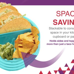 Arrow Home Products Fiesta Taco Plate, 4 Pack - Each Plate Includes 3 Taco Holders Plus 2 Compartments - BPA Free Plastic, Made in the USA, Dishwasher Safe - Teal Blue