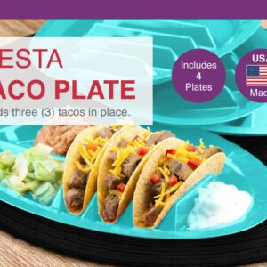 Arrow Home Products Fiesta Taco Plate, 4 Pack - Each Plate Includes 3 Taco Holders Plus 2 Compartments - BPA Free Plastic, Made in the USA, Dishwasher Safe - Teal Blue