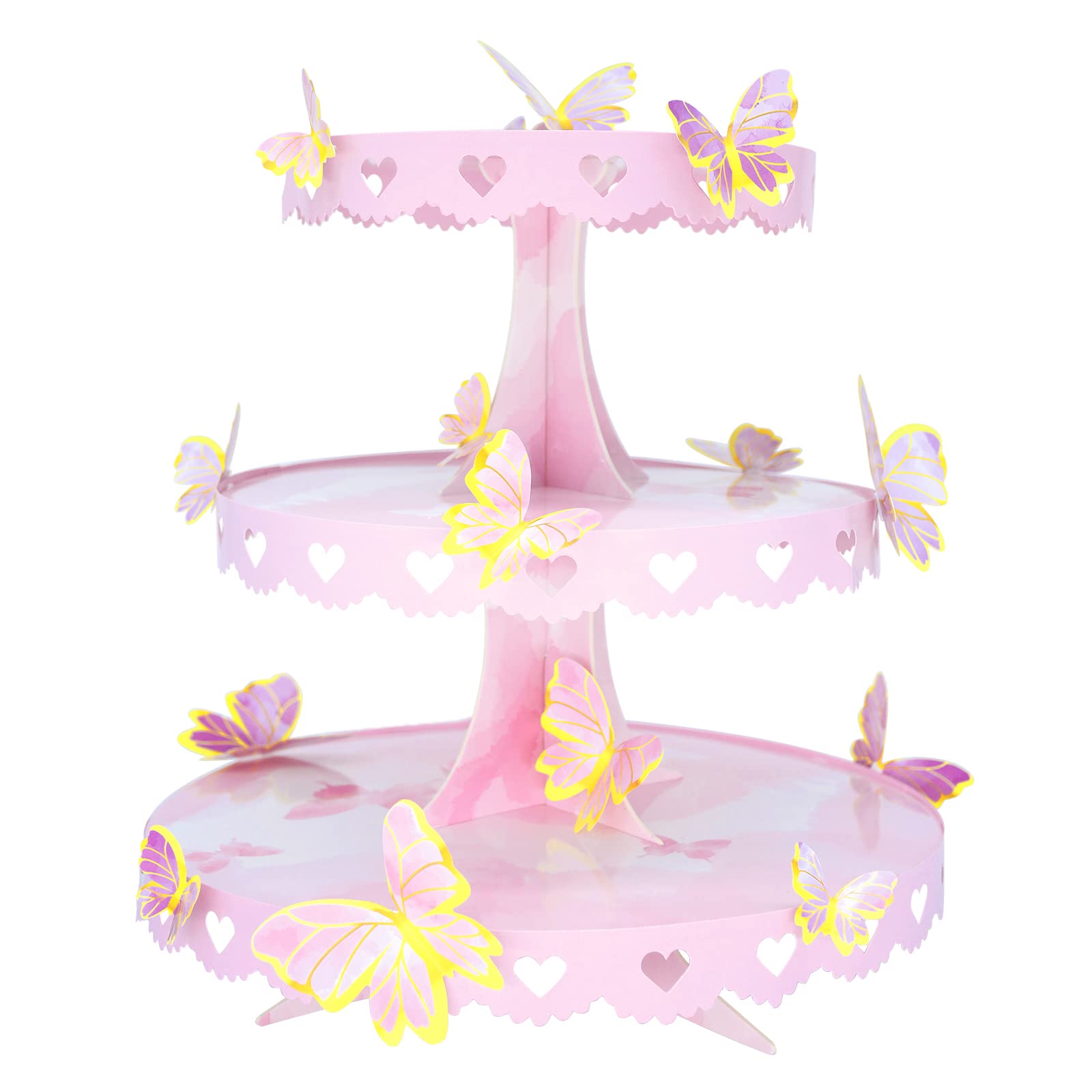 WEEPA Butterfly Cupcake Stand Birthday Party Supplies 3-Tier Round Cupcake Stand DIY Pink Cake Stand Display Table for Theme Party Birthday Baby Shower Wedding