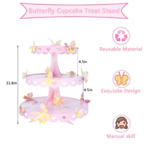 WEEPA Butterfly Cupcake Stand Birthday Party Supplies 3-Tier Round Cupcake Stand DIY Pink Cake Stand Display Table for Theme Party Birthday Baby Shower Wedding