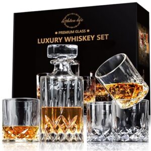 lighten life whiskey decanter set for men,crystal whiskey glasses and decanter set in gift box,decanter set with 4 glasses,non-lead bourbon decanter set,whiskey glass decanter set for dad husband