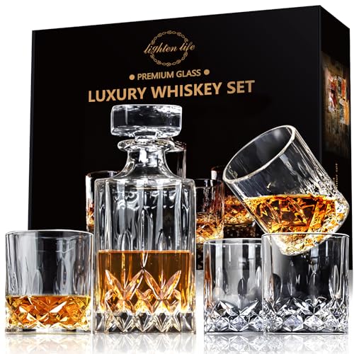 LIGHTEN LIFE Whiskey Decanter Set for Men,Crystal Whiskey Glasses and Decanter Set in Gift Box,Decanter Set with 4 Glasses,Non-Lead Bourbon Decanter Set,Whiskey Glass Decanter Set for Dad Husband