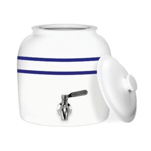 geo sports porcelain ceramic crock water dispenser, stainless steel faucet, valve and lid included. fits 3 to 5 gallon jugs. (blue stripe)