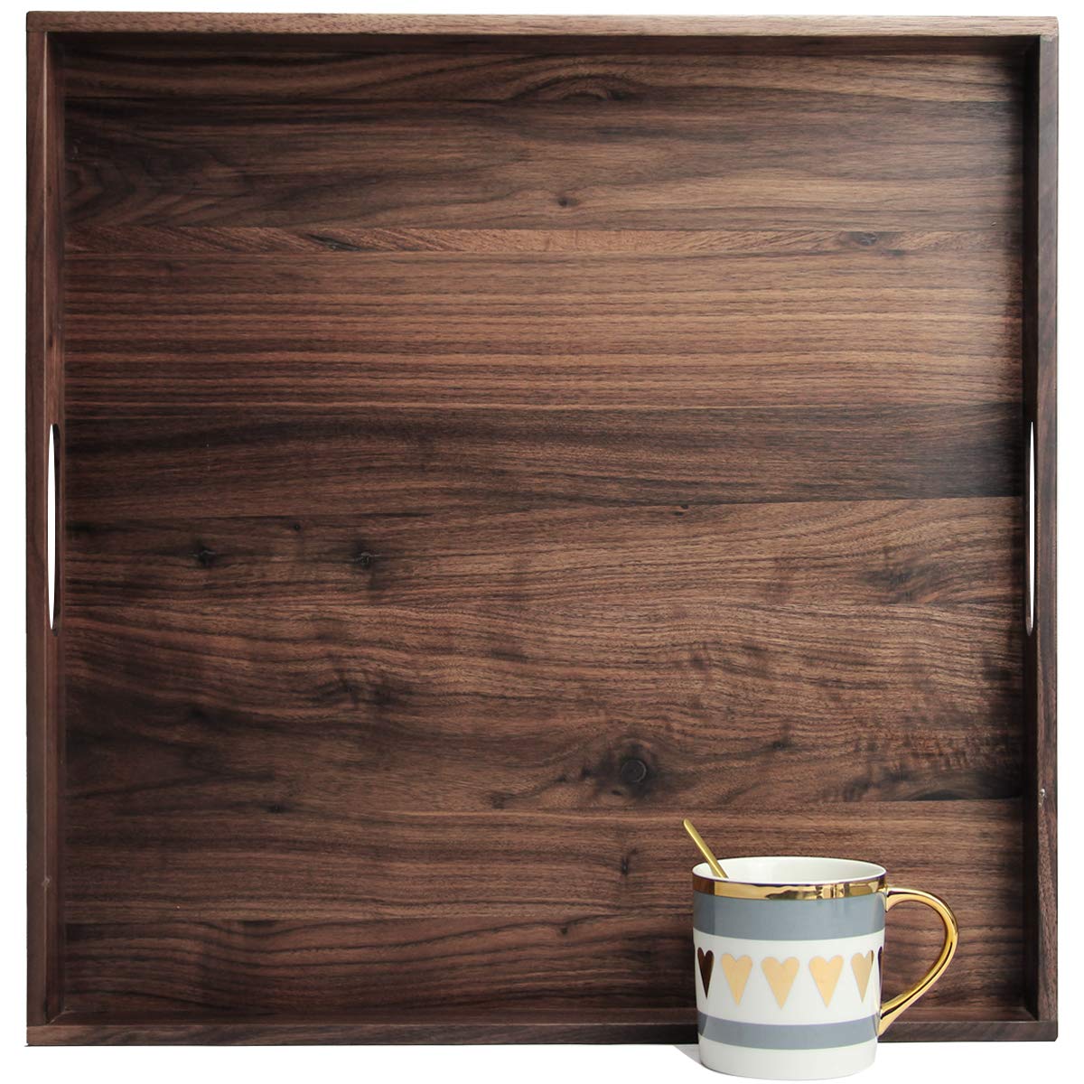 MAGIGO 19 x 19 Inches Large Square Black Walnut Wood Ottoman Tray with Handles, Serve Tea, Coffee Classic Wooden Decorative Serving Tray