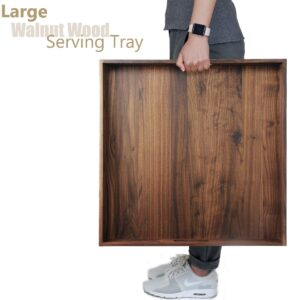 MAGIGO 19 x 19 Inches Large Square Black Walnut Wood Ottoman Tray with Handles, Serve Tea, Coffee Classic Wooden Decorative Serving Tray