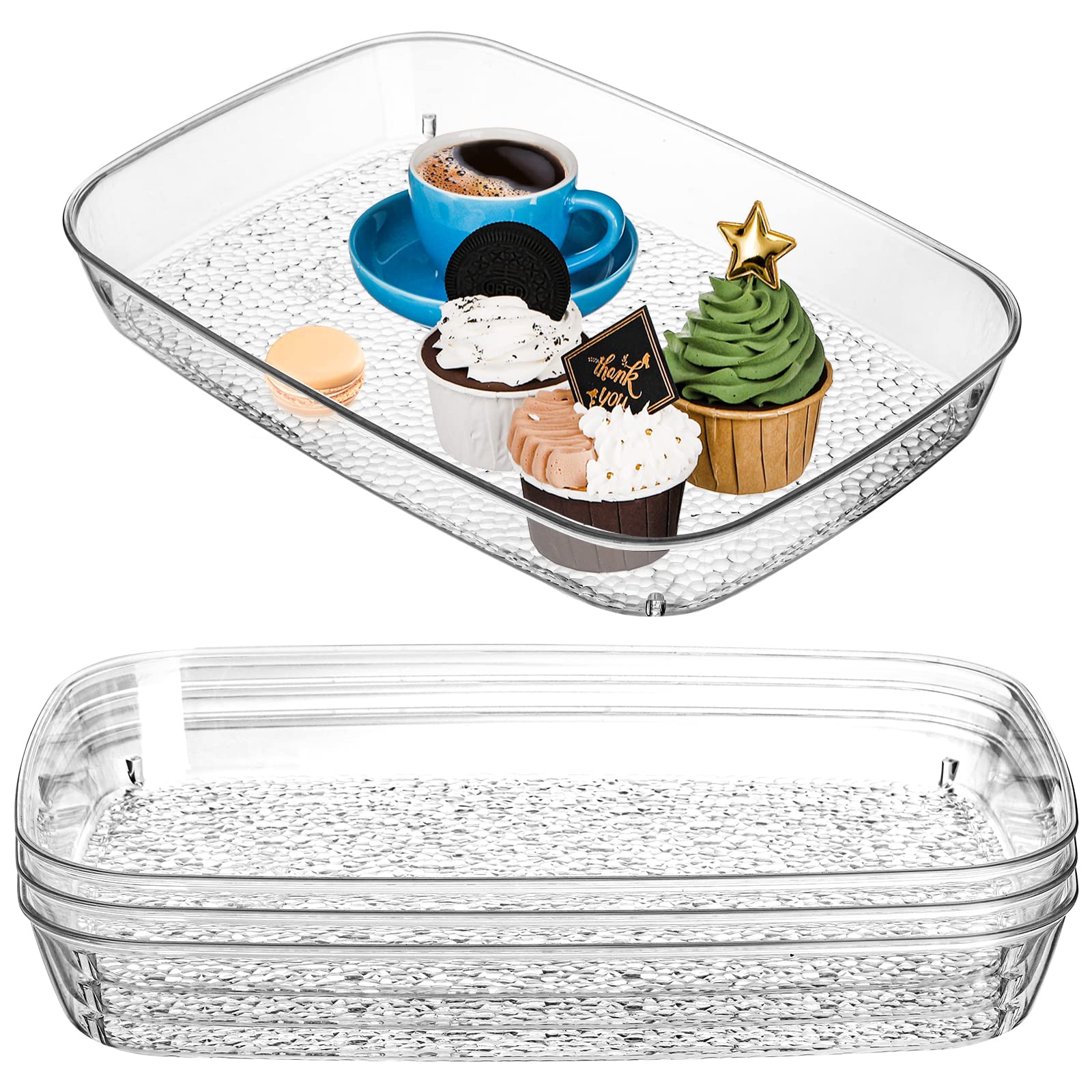 Lyellfe 4 Pack Clear Serving Tray, 15 x 10 Inch Deep Serving Platter, Spill Proof Decorative Coffee Table Perfume Tray for Bathroom, Dining Table, Vanity Cabinet