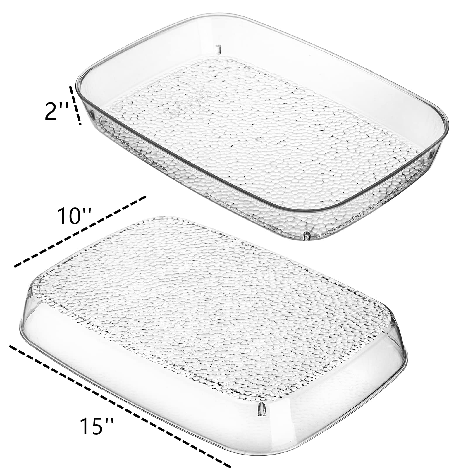 Lyellfe 4 Pack Clear Serving Tray, 15 x 10 Inch Deep Serving Platter, Spill Proof Decorative Coffee Table Perfume Tray for Bathroom, Dining Table, Vanity Cabinet