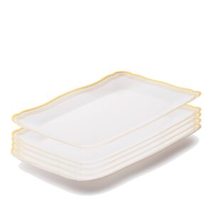 posh setting plastic serving tray white plastic tray with gold rim border, disposable serving trays heavyweight serving platters and trays 9"x13" appetizer tray [6 pack]