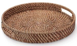 13.8 inch rattan tray, round wicker tray with cut-out handles, woven serving tray for dining / coffee table