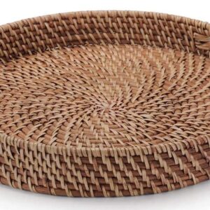 13.8 inch Rattan Tray, Round Wicker Tray with Cut-Out Handles, Woven Serving Tray for Dining / Coffee Table