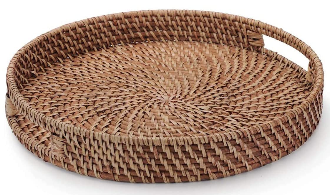 13.8 inch Rattan Tray, Round Wicker Tray with Cut-Out Handles, Woven Serving Tray for Dining / Coffee Table