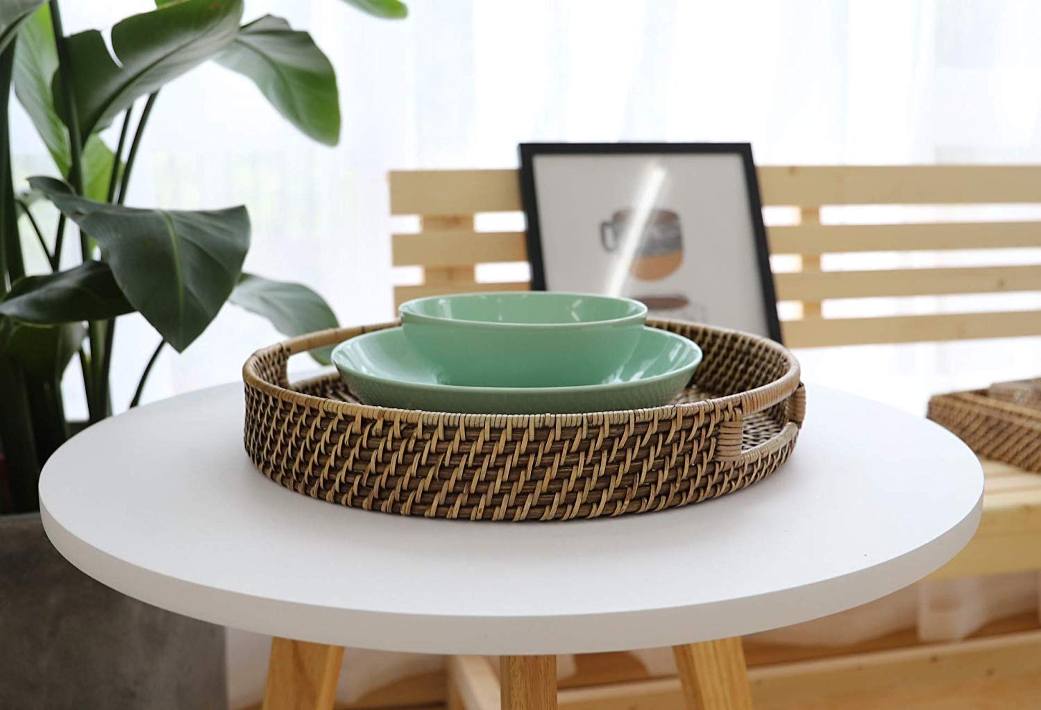 13.8 inch Rattan Tray, Round Wicker Tray with Cut-Out Handles, Woven Serving Tray for Dining / Coffee Table