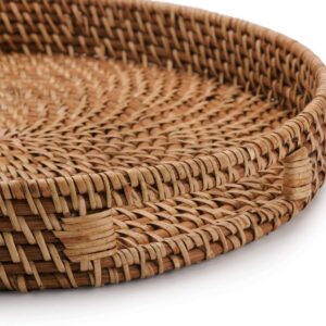 13.8 inch Rattan Tray, Round Wicker Tray with Cut-Out Handles, Woven Serving Tray for Dining / Coffee Table