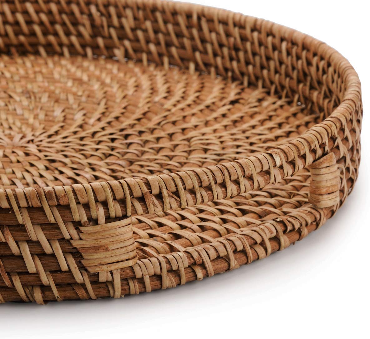 13.8 inch Rattan Tray, Round Wicker Tray with Cut-Out Handles, Woven Serving Tray for Dining / Coffee Table