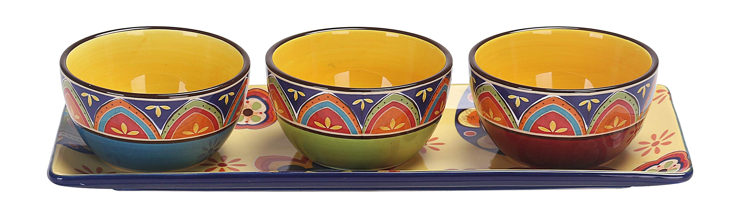 Bico Vintage Tunisian Ceramic Dipping Bowl Set (9oz bowls with 14 inch platter), for Sauce, Nachos, Snacks, Microwave & Dishwasher Safe