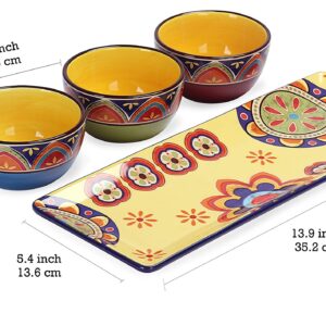 Bico Vintage Tunisian Ceramic Dipping Bowl Set (9oz bowls with 14 inch platter), for Sauce, Nachos, Snacks, Microwave & Dishwasher Safe