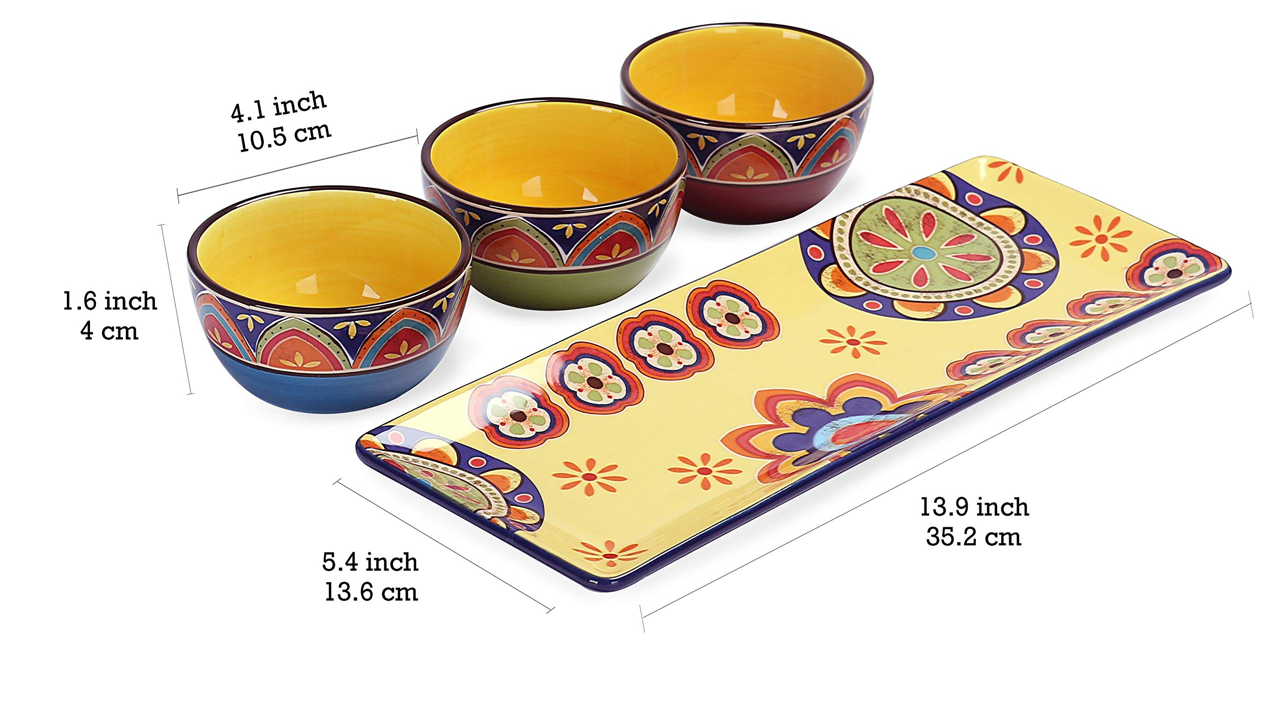 Bico Vintage Tunisian Ceramic Dipping Bowl Set (9oz bowls with 14 inch platter), for Sauce, Nachos, Snacks, Microwave & Dishwasher Safe