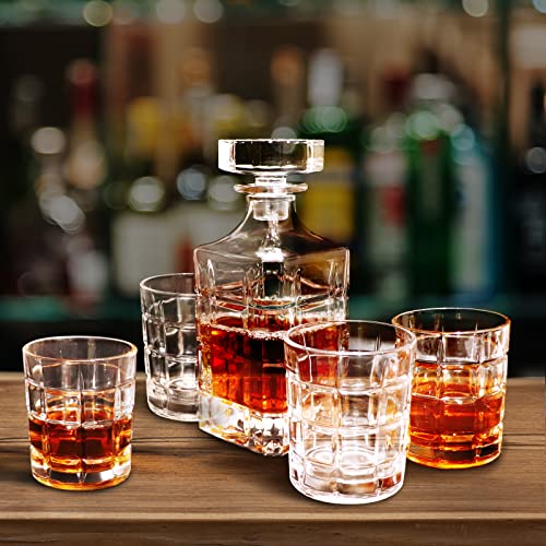 DLATRE Whiskey Decanter Piece Sets, Artisan Crafted Lead-Free Crystal Glass Liquor Carafe with Ornate Glass Stopper and 4 Engraved Tumblers, Scotch Bourbon Whisky Dispenser, Comes with Gift Box