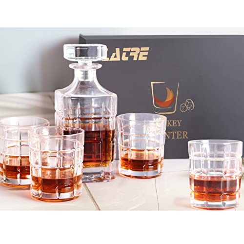 DLATRE Whiskey Decanter Piece Sets, Artisan Crafted Lead-Free Crystal Glass Liquor Carafe with Ornate Glass Stopper and 4 Engraved Tumblers, Scotch Bourbon Whisky Dispenser, Comes with Gift Box