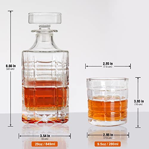 DLATRE Whiskey Decanter Piece Sets, Artisan Crafted Lead-Free Crystal Glass Liquor Carafe with Ornate Glass Stopper and 4 Engraved Tumblers, Scotch Bourbon Whisky Dispenser, Comes with Gift Box