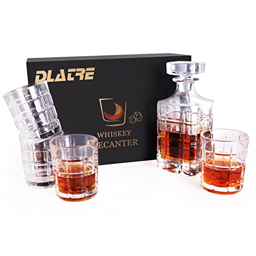 DLATRE Whiskey Decanter Piece Sets, Artisan Crafted Lead-Free Crystal Glass Liquor Carafe with Ornate Glass Stopper and 4 Engraved Tumblers, Scotch Bourbon Whisky Dispenser, Comes with Gift Box